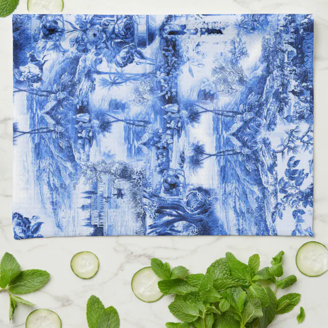 Chinoiserie toile,blue willow,blue china kitchen towel | Zazzle