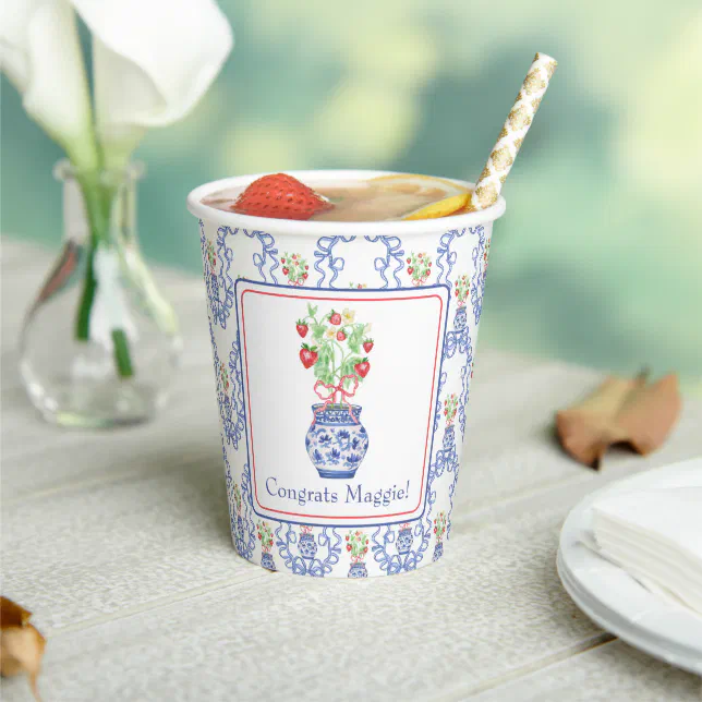 Chinoiserie Vase of Red Strawberries Personalized Paper Cups | Zazzle