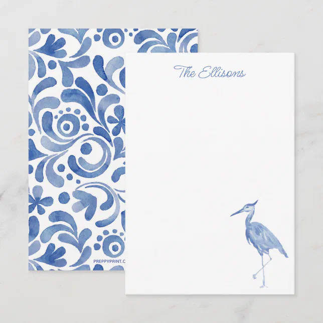 Chinoiserie Watercolor Blue Heron Bird Note Cards | Zazzle