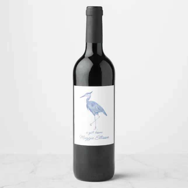 Chinoiserie Watercolor Blue Heron Bird Wine Label | Zazzle