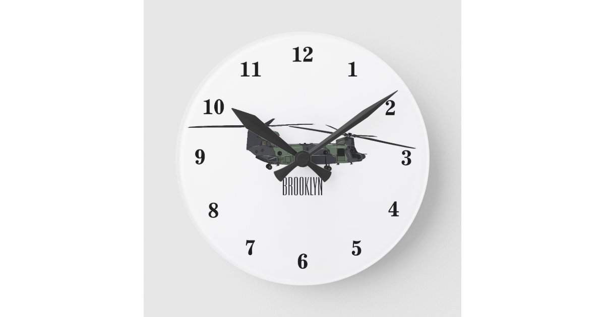 Chinook army helicopter cartoon illustration round clock | Zazzle