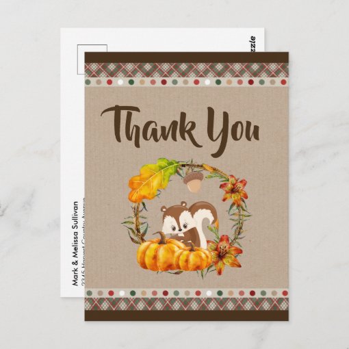 Chipmunk and Pumpkins Fall Rustic Thank You Postcard | Zazzle