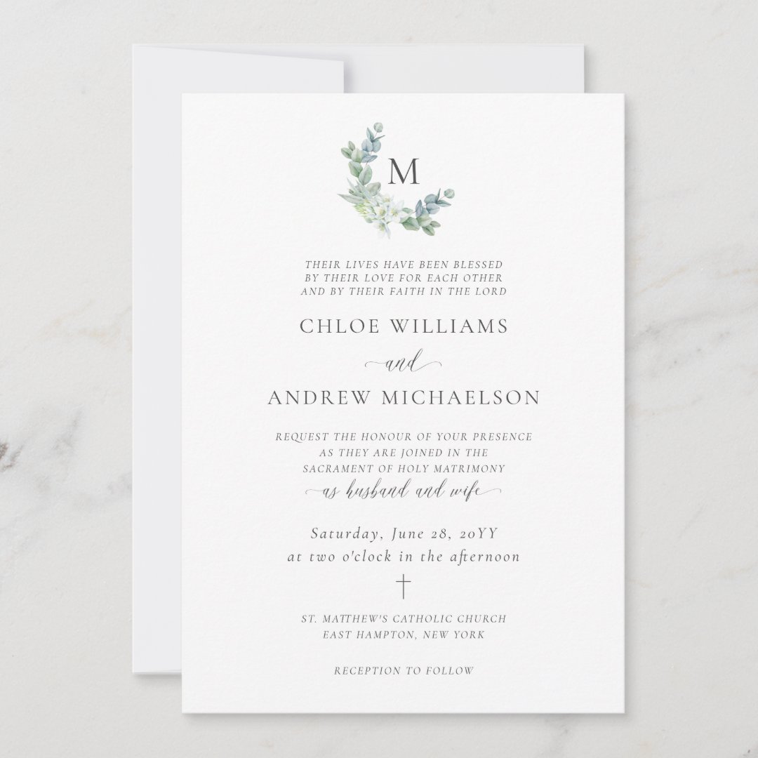 Chloe Simple Elegant Greenery Catholic Wedding Invitation | Zazzle