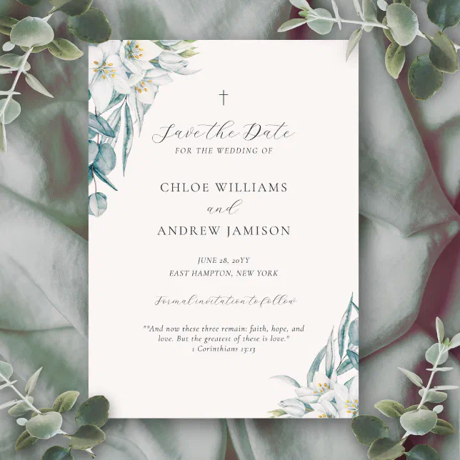 Chloe Simple Elegant Greenery Christian Wedding Save The Date | Zazzle