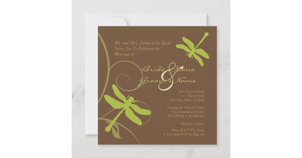 Chocolate and Green Dragonfly Wedding Invitation | Zazzle