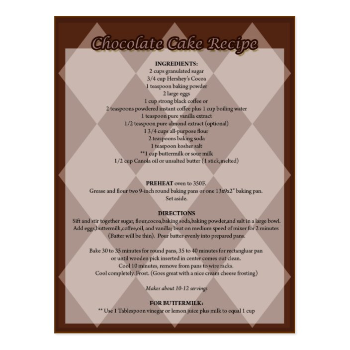 Chocolate Cake Recipe Postcard | Zazzle.com