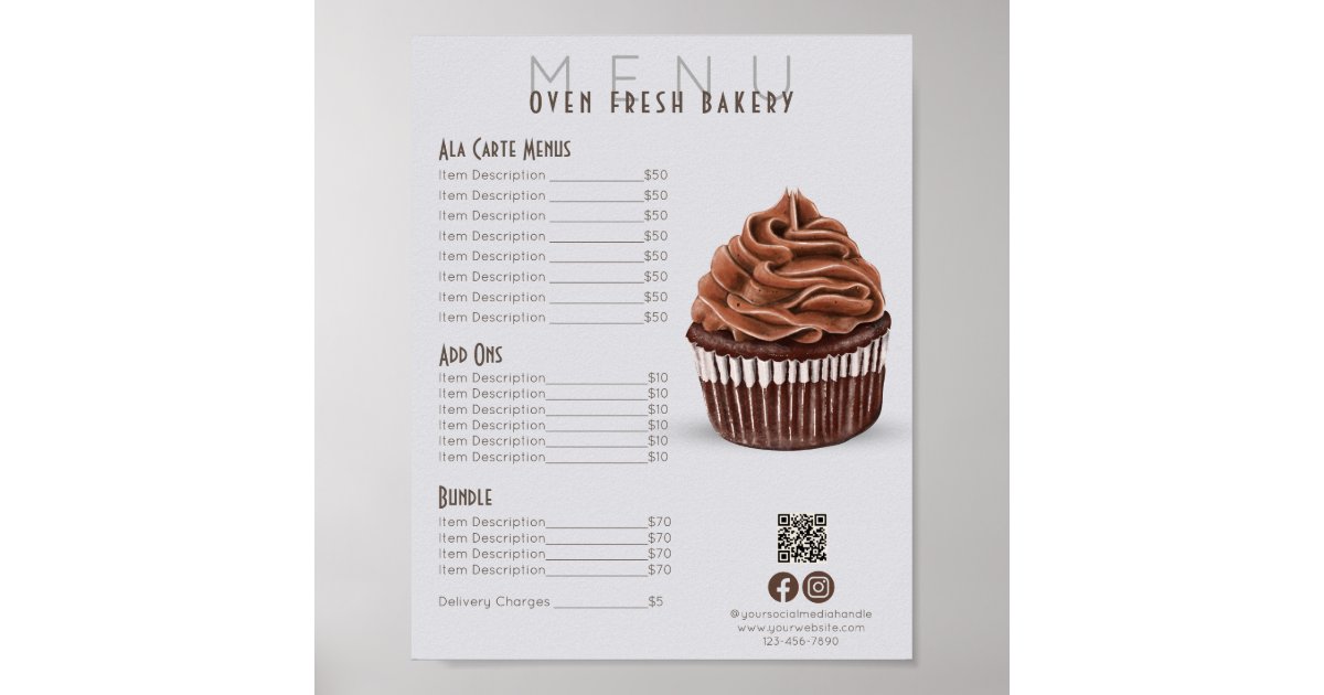 Chocolate Cupcake Gray Menu Bakery Price List Poster | Zazzle