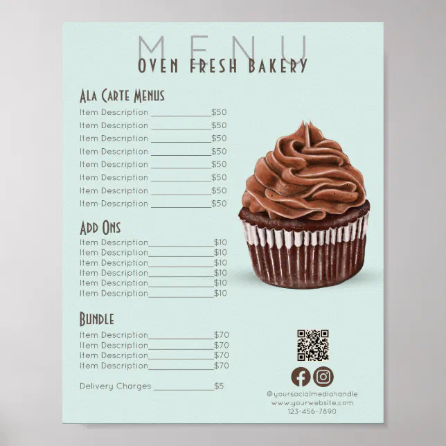 Chocolate Cupcake Mint Menu Bakery Price List Poster | Zazzle