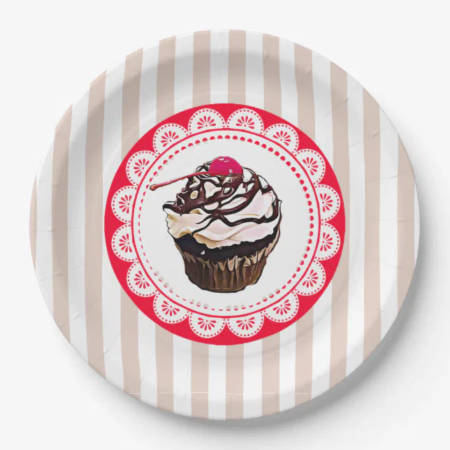 Chocolate Cupcake with Cherry Paper Plates | Zazzle