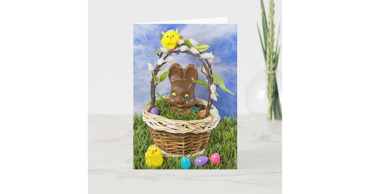 Chocolate Easter Bunny in basket Holiday Card | Zazzle