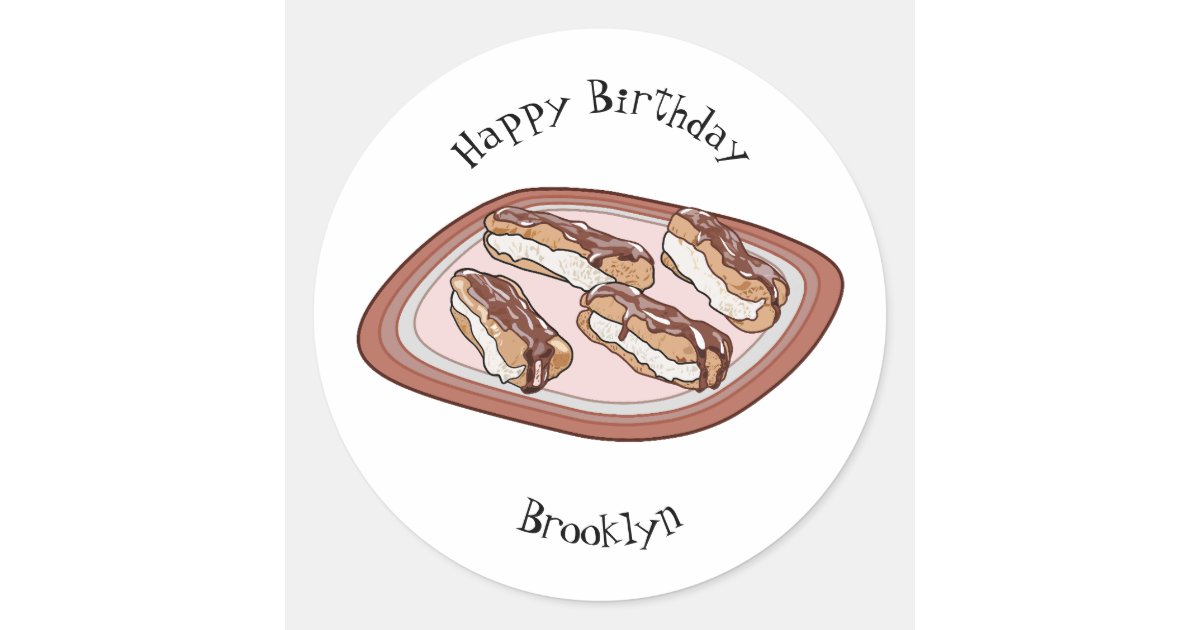 Chocolate eclair cartoon illustration classic round sticker | Zazzle