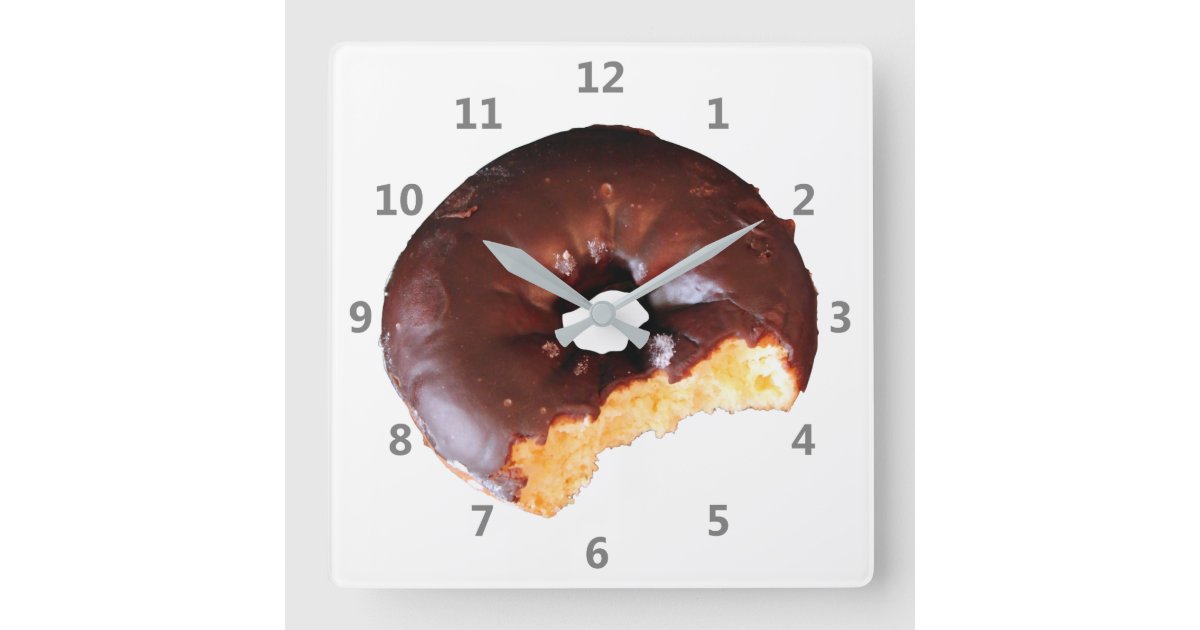 Chocolate Frosted Yellow Cake Donut with Bite Out Square Wall Clock ...
