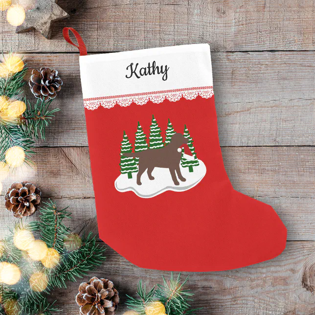 Chocolate Labrador Christmas Evergreen Trees Small Christmas Stocking ...