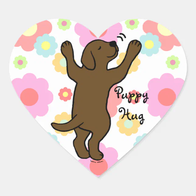 Chocolate Labrador Puppy Hug Cartoon Floral Heart Sticker | Zazzle