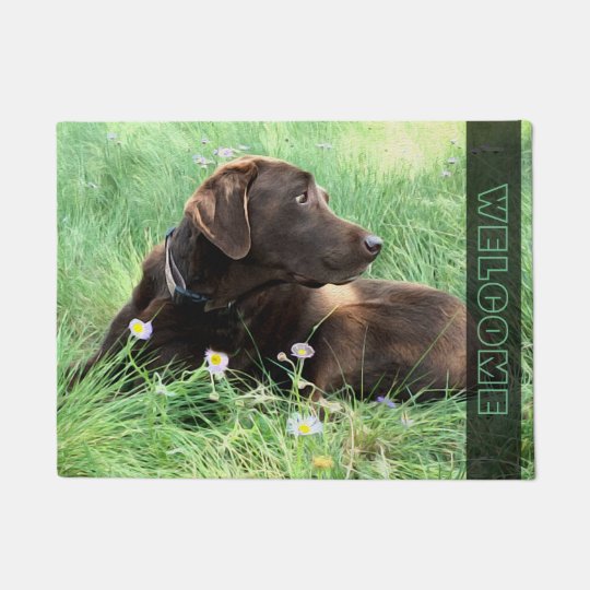 Chocolate Labrador Retriever Dog In Grass Flowers Doormat | Zazzle.com