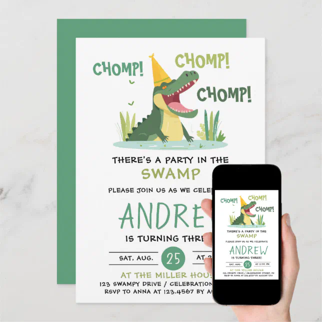 Chomp Chomp Party in the Swamp Alligator Birthday Invitation | Zazzle