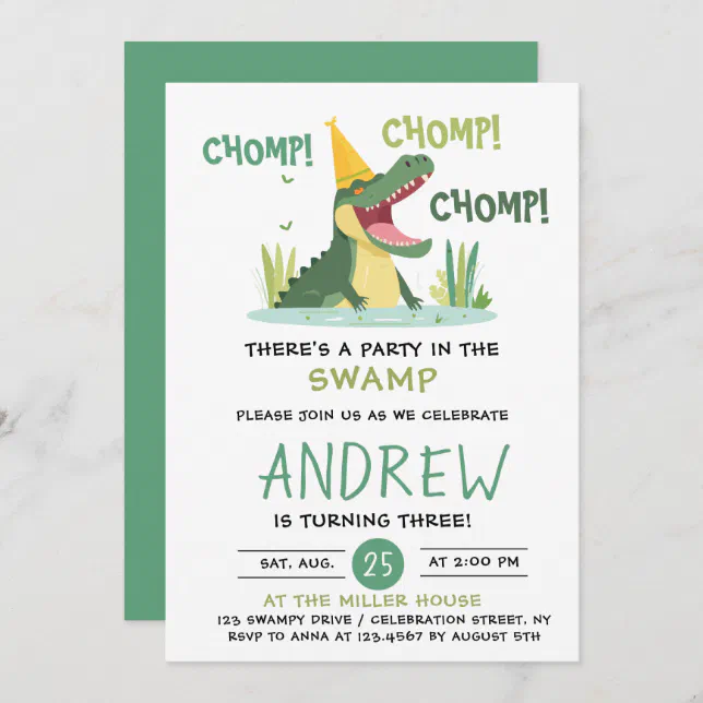 Chomp Chomp Party in the Swamp Alligator Birthday Invitation | Zazzle