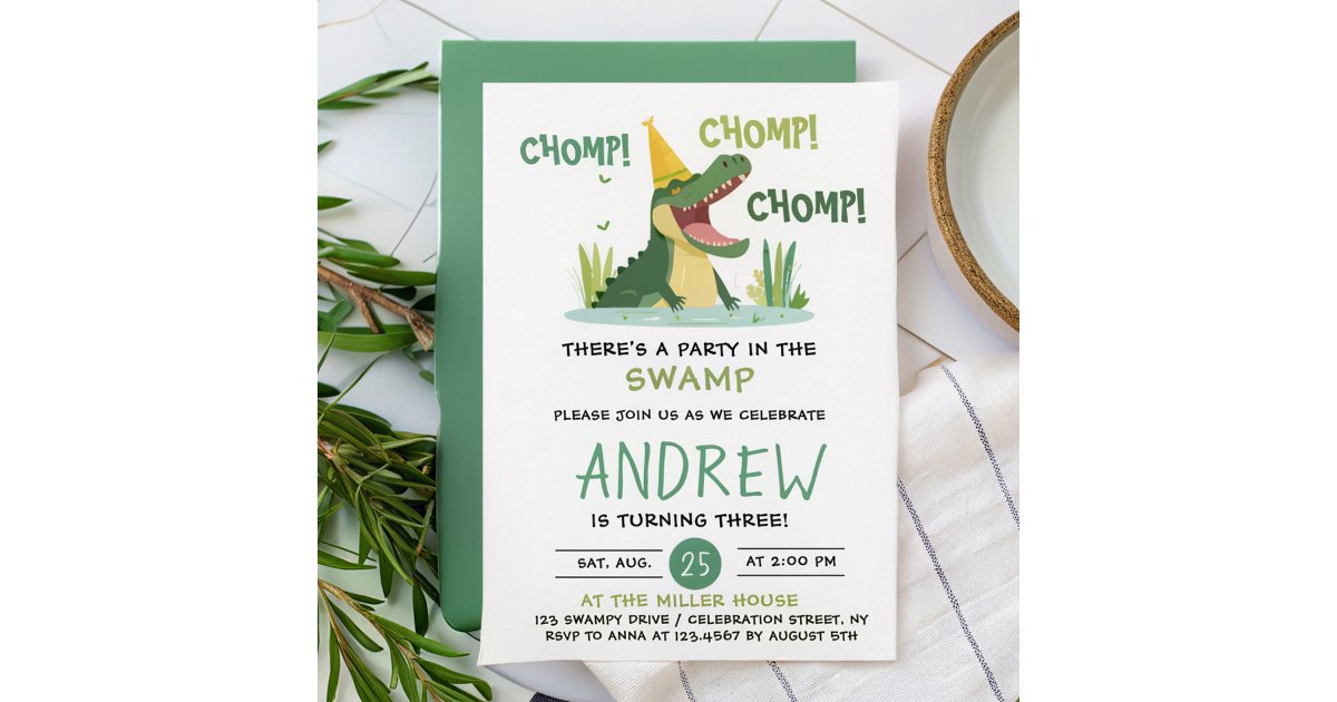 Chomp Chomp Party in the Swamp Alligator Birthday Invitation | Zazzle