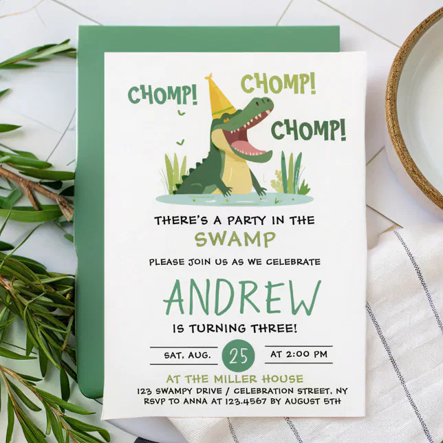Chomp Chomp Party in the Swamp Alligator Birthday Invitation | Zazzle