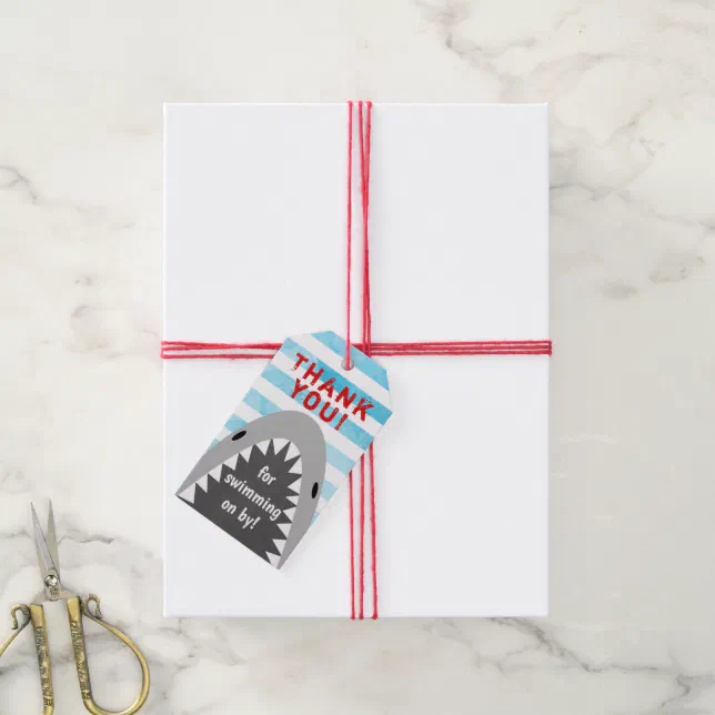Chomp Chomp Shark Theme Birthday Boy striped Jaws Gift Tags | Zazzle