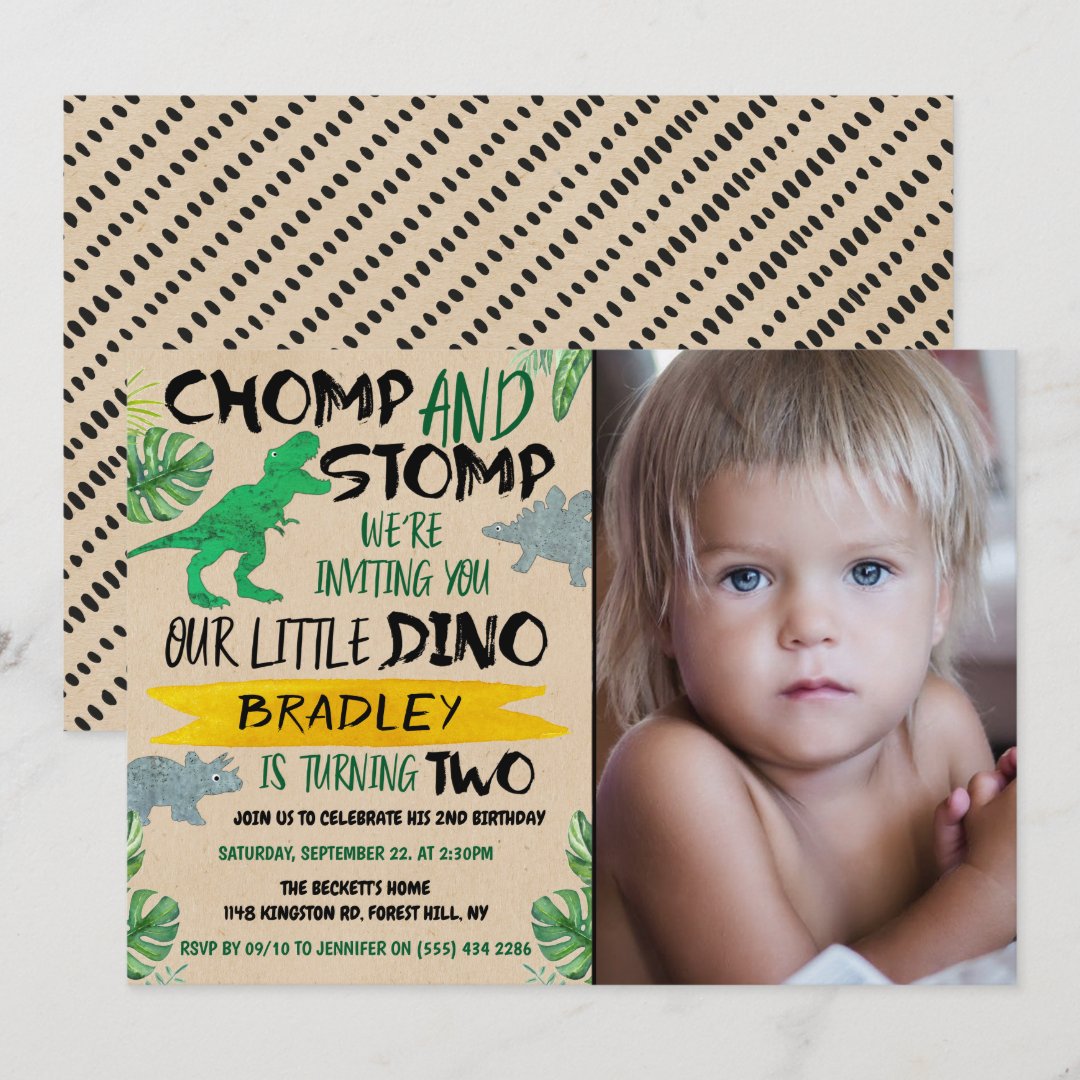 Chomp & Stomp! Dinosaur Boys 2nd Birthday Photo Invitation | Zazzle