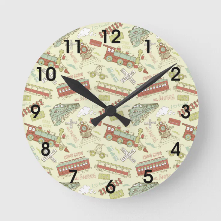 Choo Choo Antique Trains Round Clock | Zazzle