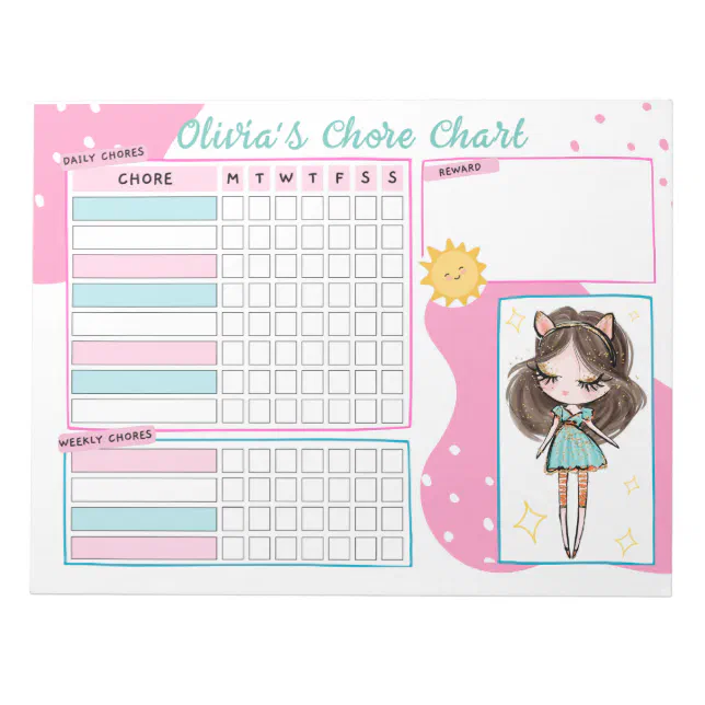 Chore Chart Reward Chart for Daily Routine Girl Notepad | Zazzle