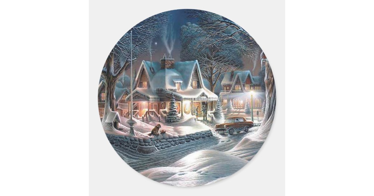 Chrismas Winter Cottage Classic Round Sticker | Zazzle