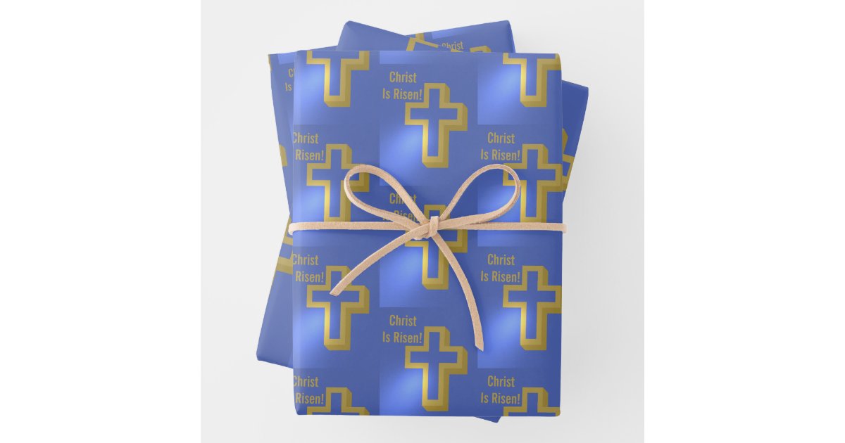 Christ is Risen Pattern Gold Cross Blue Holiday Wrapping Paper Sheets ...