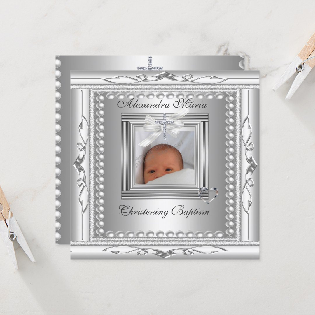 Christening Baptism Silver Photo Frame Bow Card | Zazzle