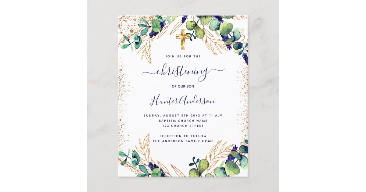 Christening blue eucalyptus greenery invitation flyer | Zazzle