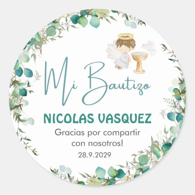 Christening Favors Cute Boy Angel & Green Flowers Classic Round Sticker ...