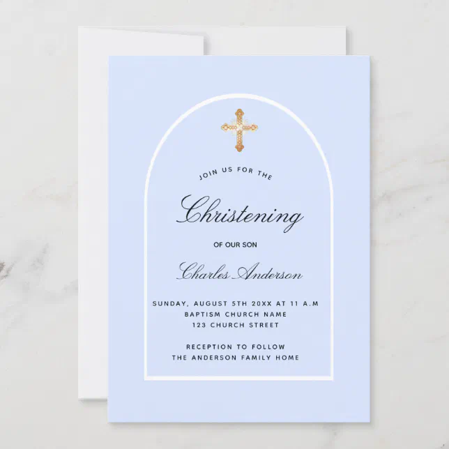 Christening light blue baby boy arch minimalist invitation | Zazzle