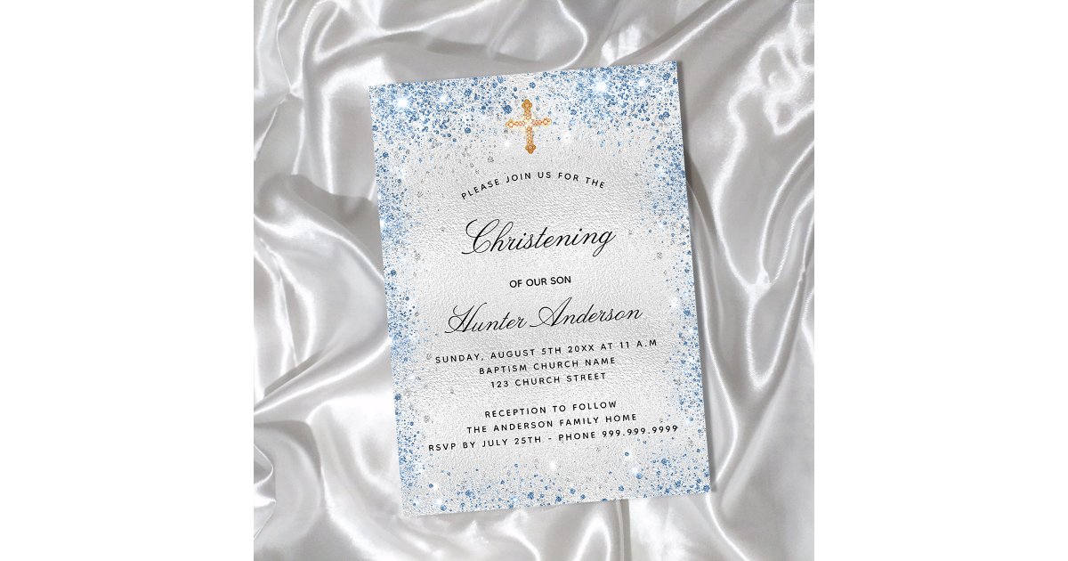 Christening silver blue boy script invitation postcard | Zazzle