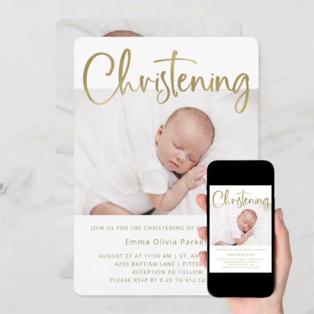 Christening | Simple Minimal Gold with Two Photos Invitation | Zazzle
