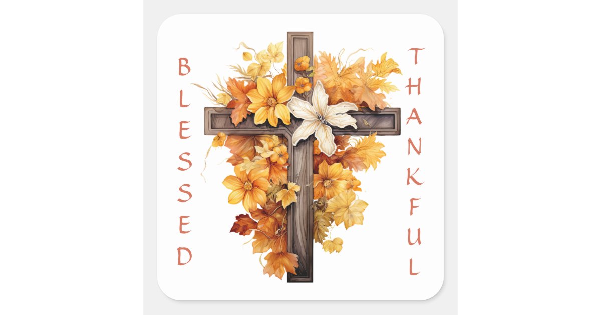 Christian Autumn Floral Cross Thanksgiving Square Sticker | Zazzle