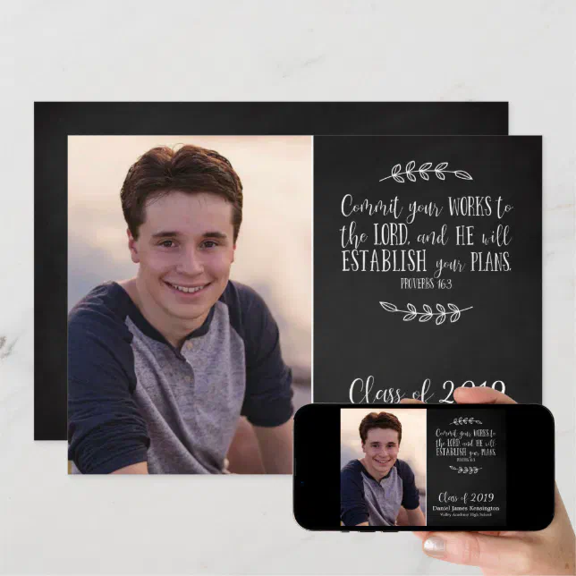 Christian Bible Verse Graduation Chalkboard Photo Invitation | Zazzle