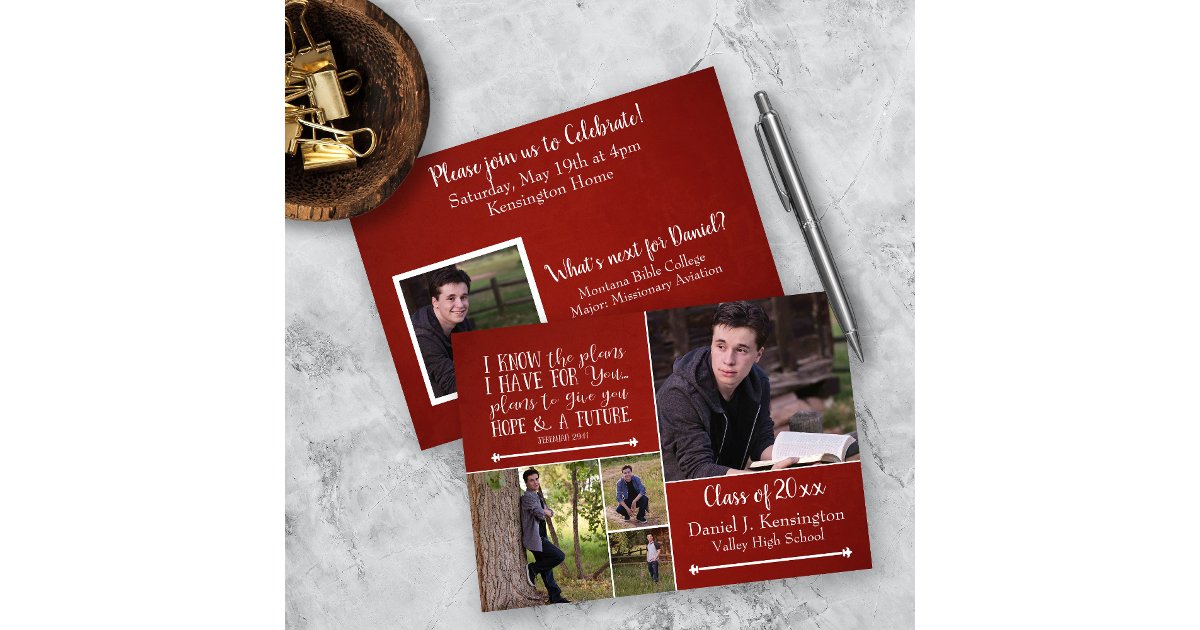 Christian Bible Verse Graduation Photo Collage Red Invitation | Zazzle