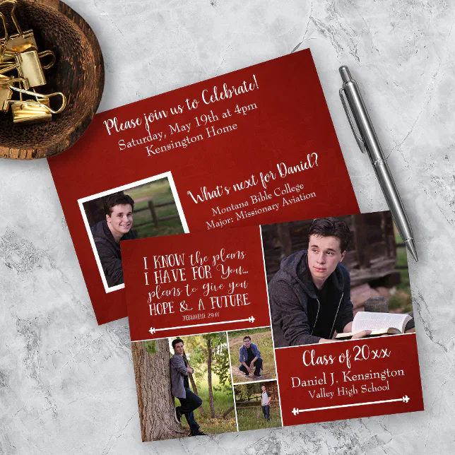 Christian Bible Verse Graduation Photo Collage Red Invitation | Zazzle