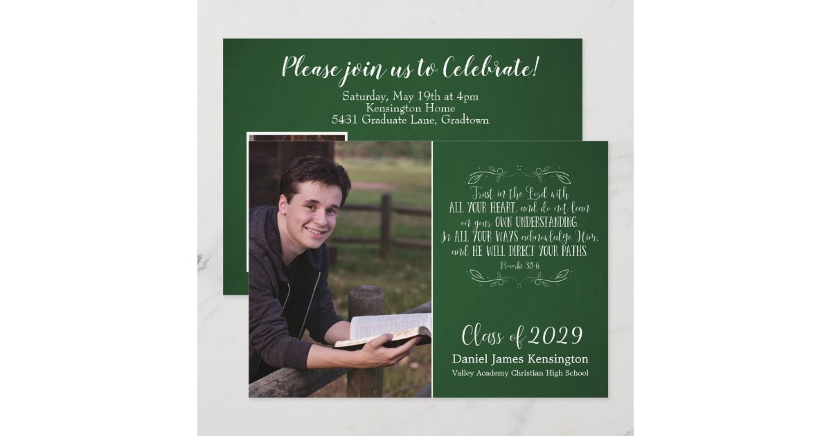 Christian Bible Verse Green Graduation Photo Invitation | Zazzle