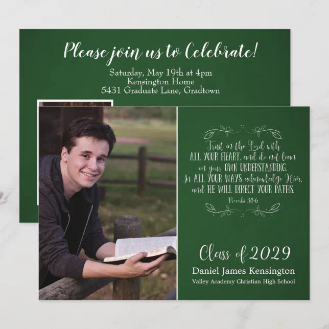 Christian Bible Verse Green Graduation Photo Invitation | Zazzle