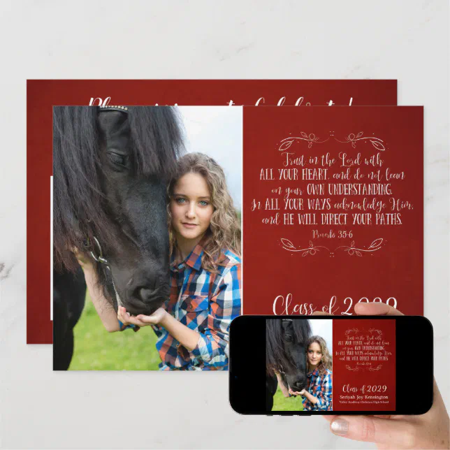 Christian Bible Verse Rustic Red Graduation Photo Invitation | Zazzle