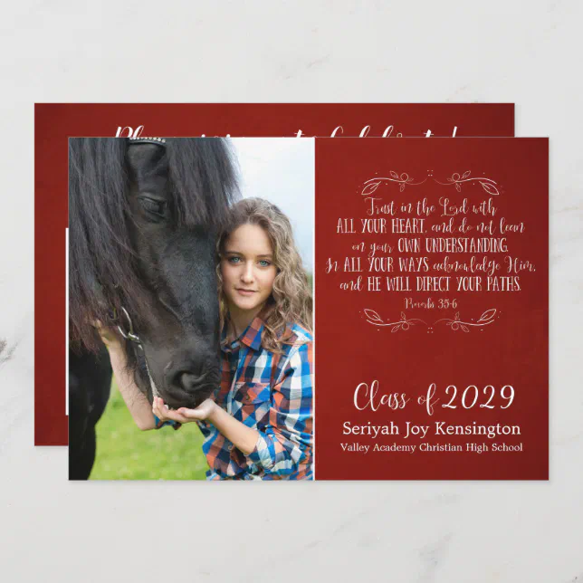 Christian Bible Verse Rustic Red Graduation Photo Invitation | Zazzle