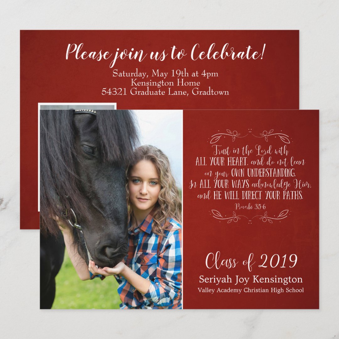 Christian Bible Verse Rustic Red Graduation Photo Invitation | Zazzle