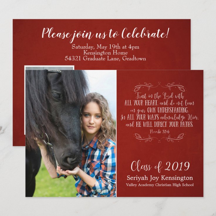 Christian Bible Verse Rustic Red Graduation Photo Invitation | Zazzle