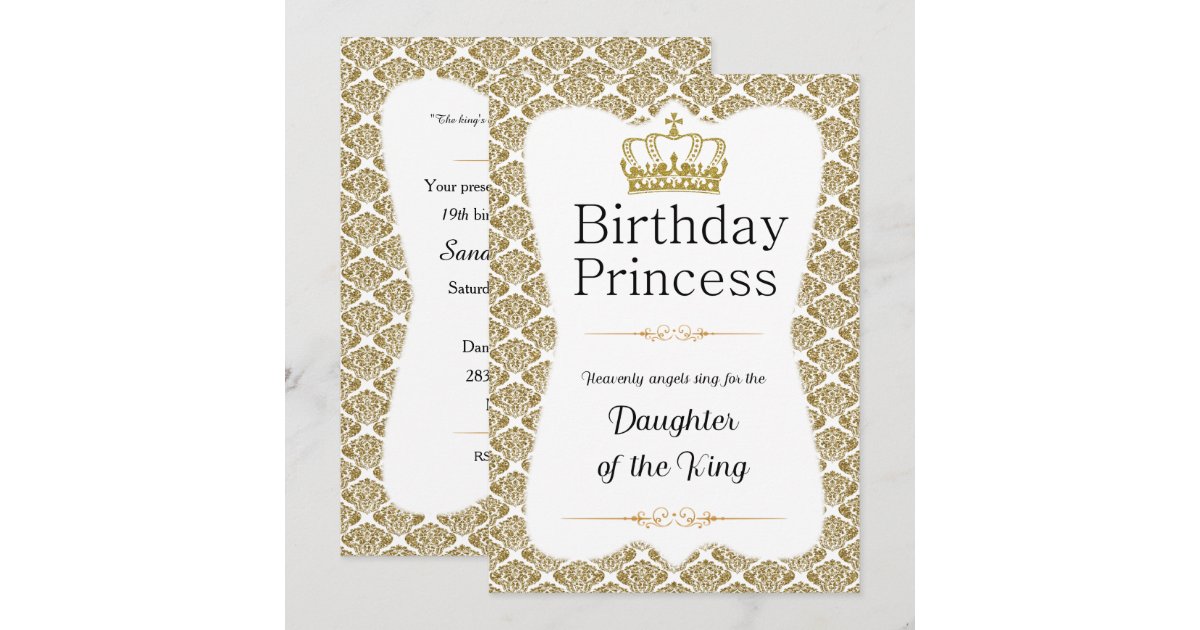 Christian Birthday Princess Gold Damask Invitation | Zazzle