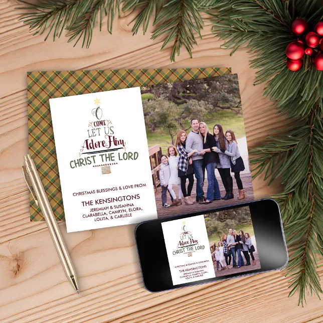 Christian Christmas Family Photo Typography Plaid Holiday Card | Zazzle