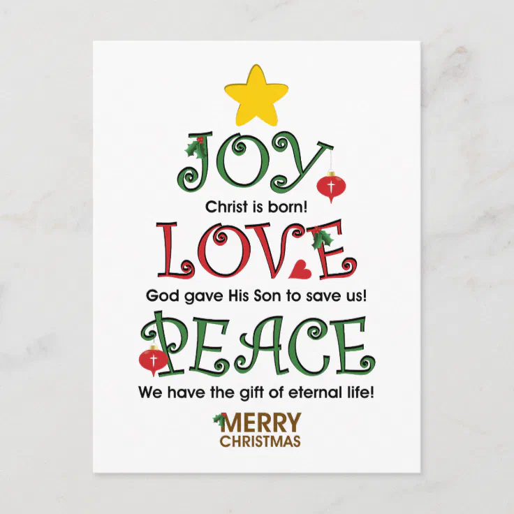 Christian Christmas Joy Love and Peace Holiday Postcard | Zazzle