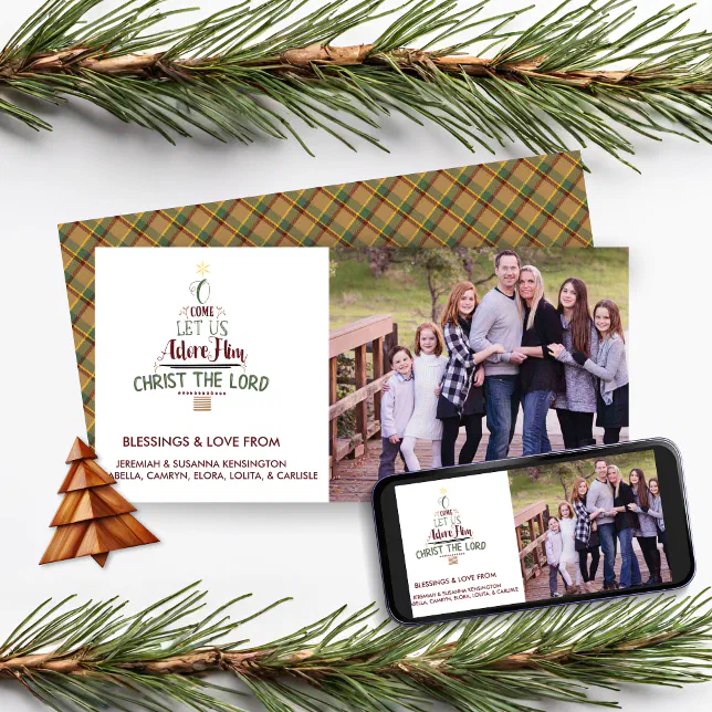 Christian Christmas Typography Plaid Photo Holiday Card | Zazzle