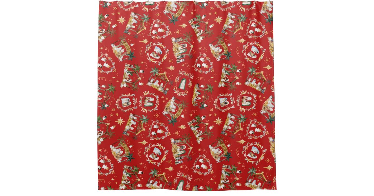 Christian Christmas Watercolor Nativity Red Shower Curtain | Zazzle
